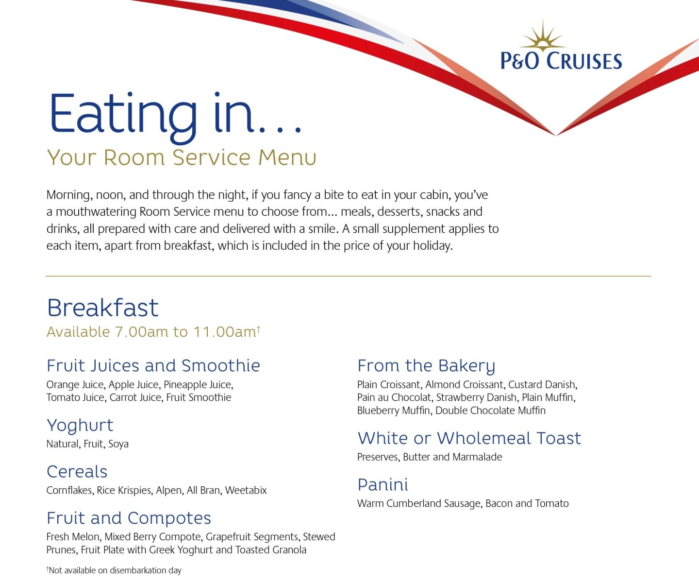 P&O Cruises Room Service Menu & Guide